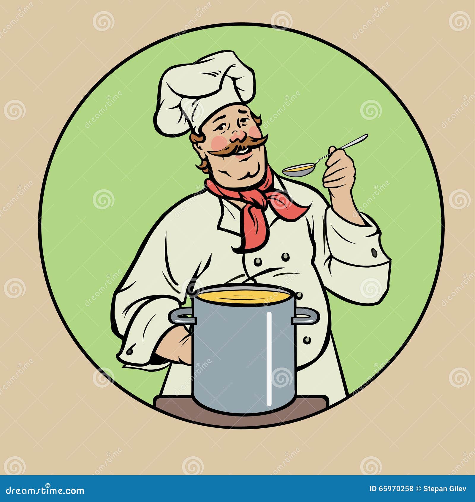 Smiling chef with soup stock vector. Illustration of mustache - 65970258