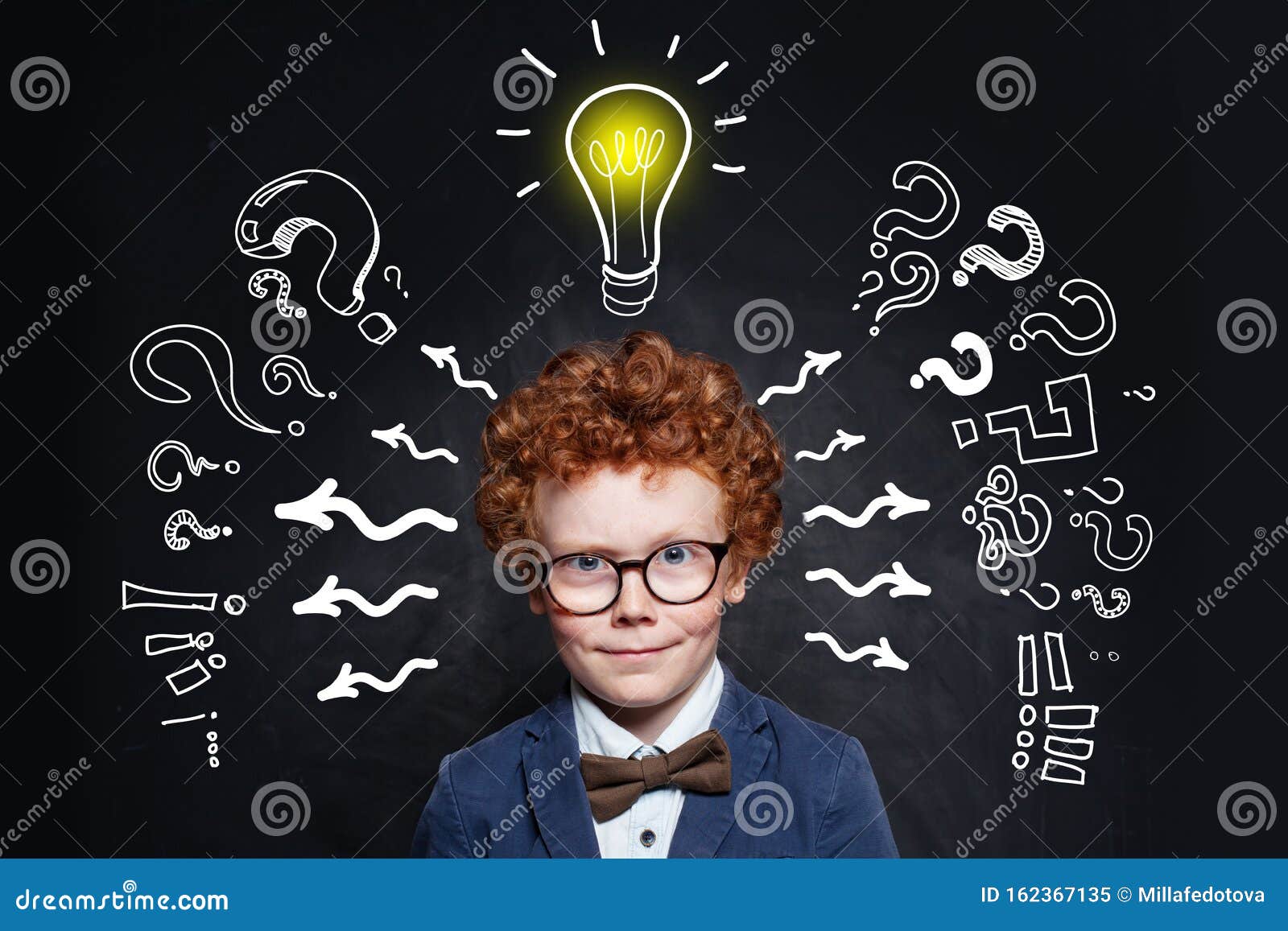 Smiling Child Boy Student with Idea Lightbulb Stock Image - Image of ...