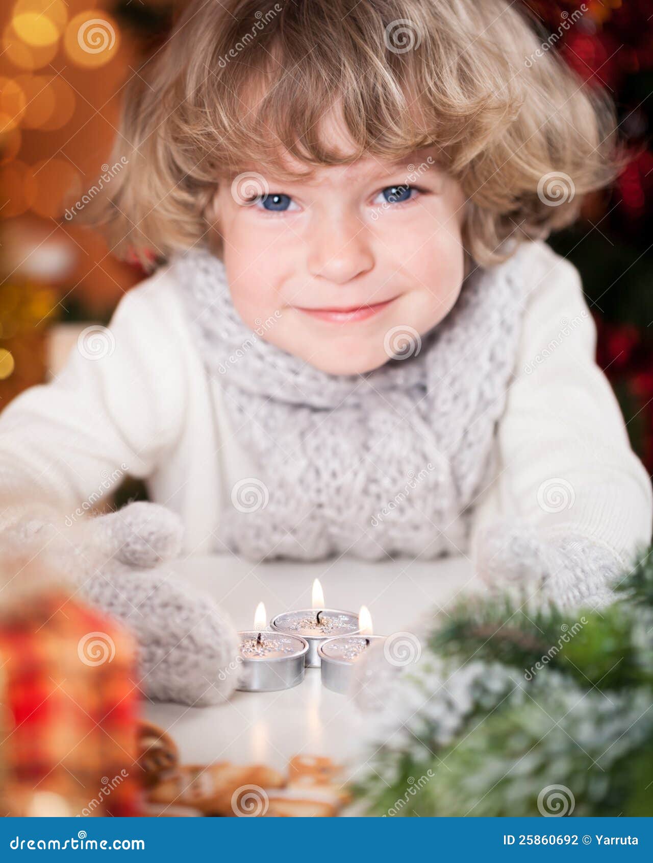 Smiling Child with Christmas Candles Stock Photo - Image of branch ...