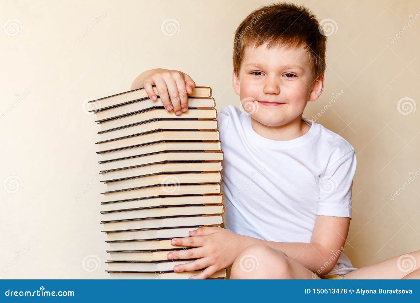Smiling Child and a Lot of Books Stock Photo - Image of little, healthy ...