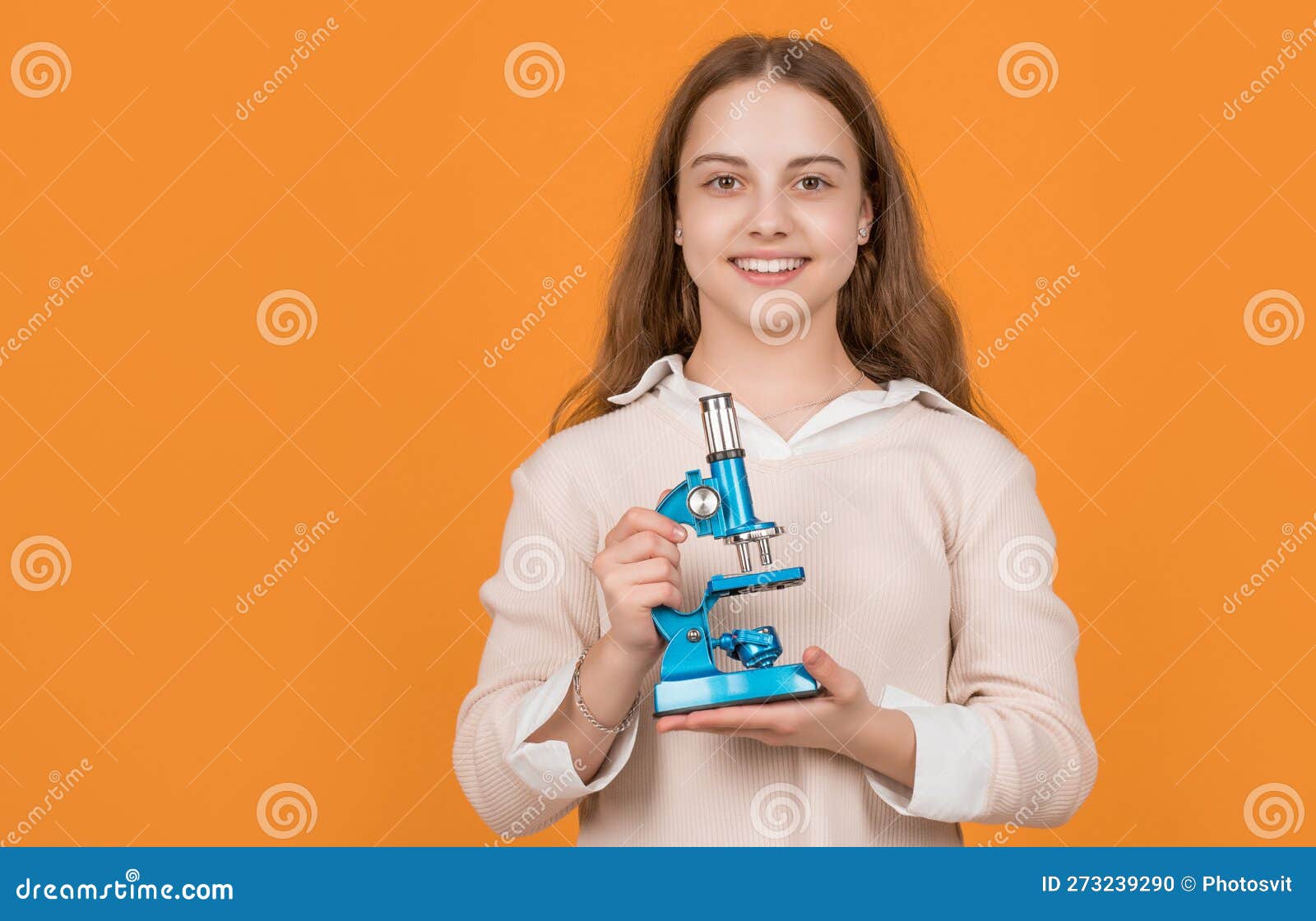Smiling Child with Microscope on Yellow Background Stock Photo - Image ...