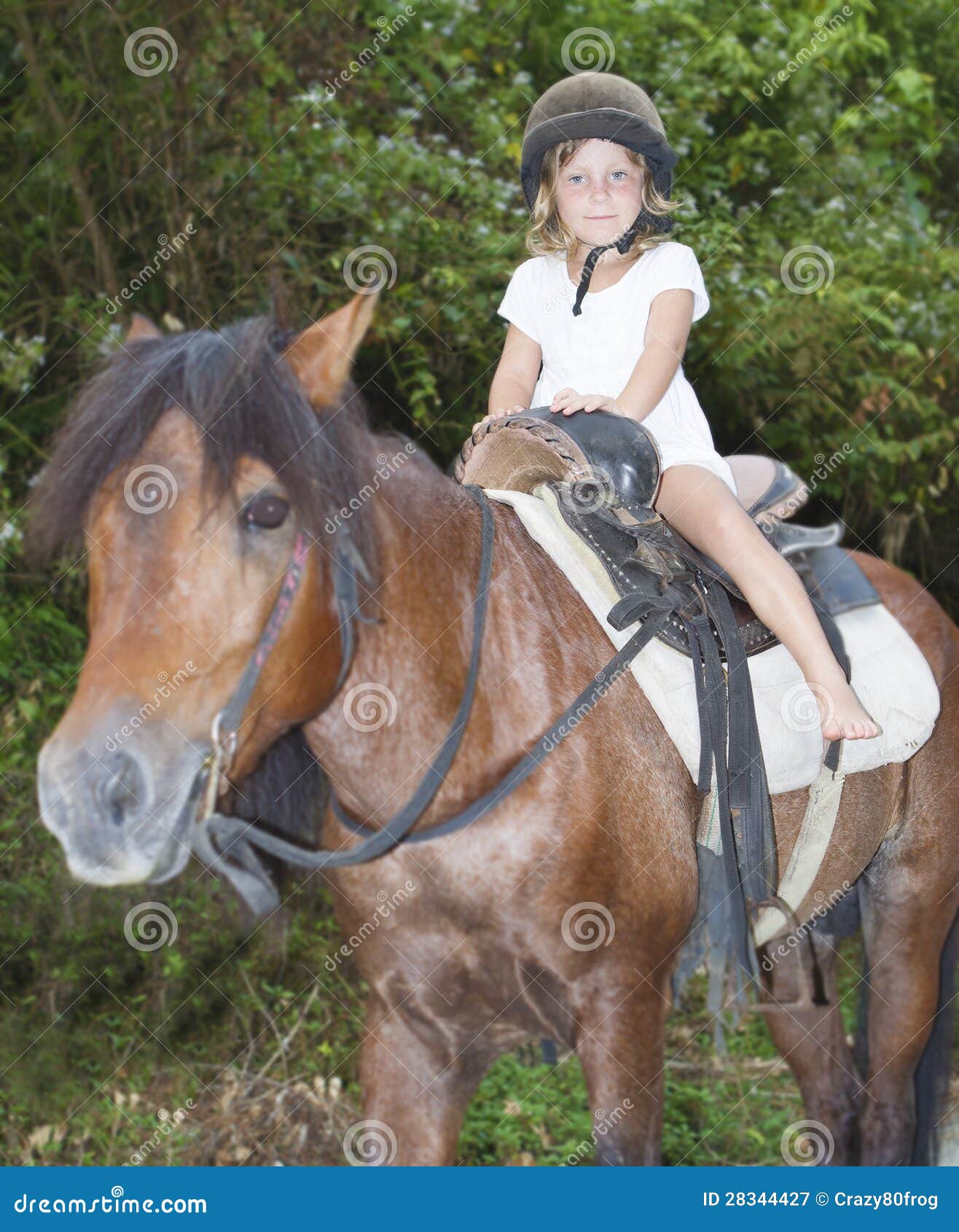 Smiling Child Riding Horse on Natural Background Stock Image - Image of ...
