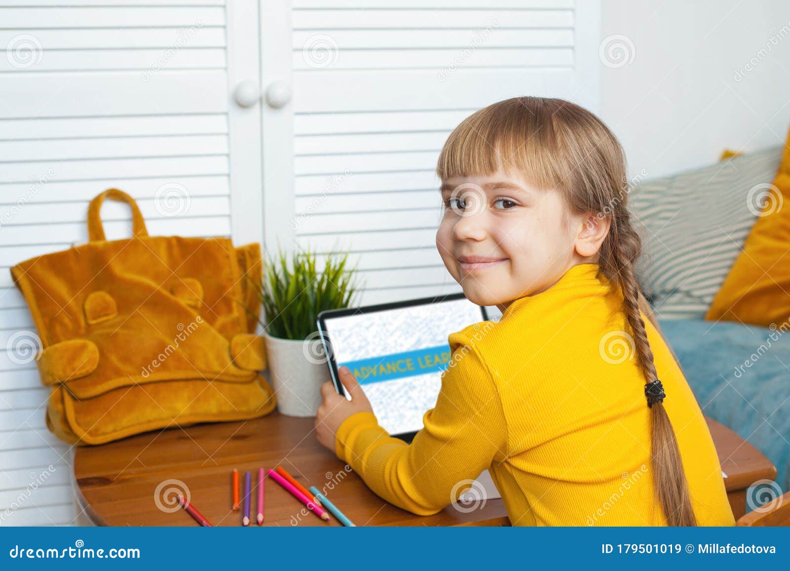 Smiling Child Using Tablet at Home Stock Image - Image of laptop ...