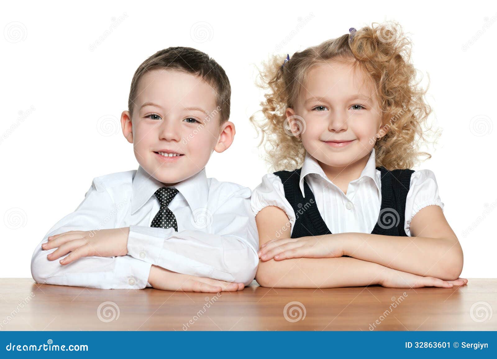 Smiling Children at the Desk Stock Image - Image of little, caucasian ...