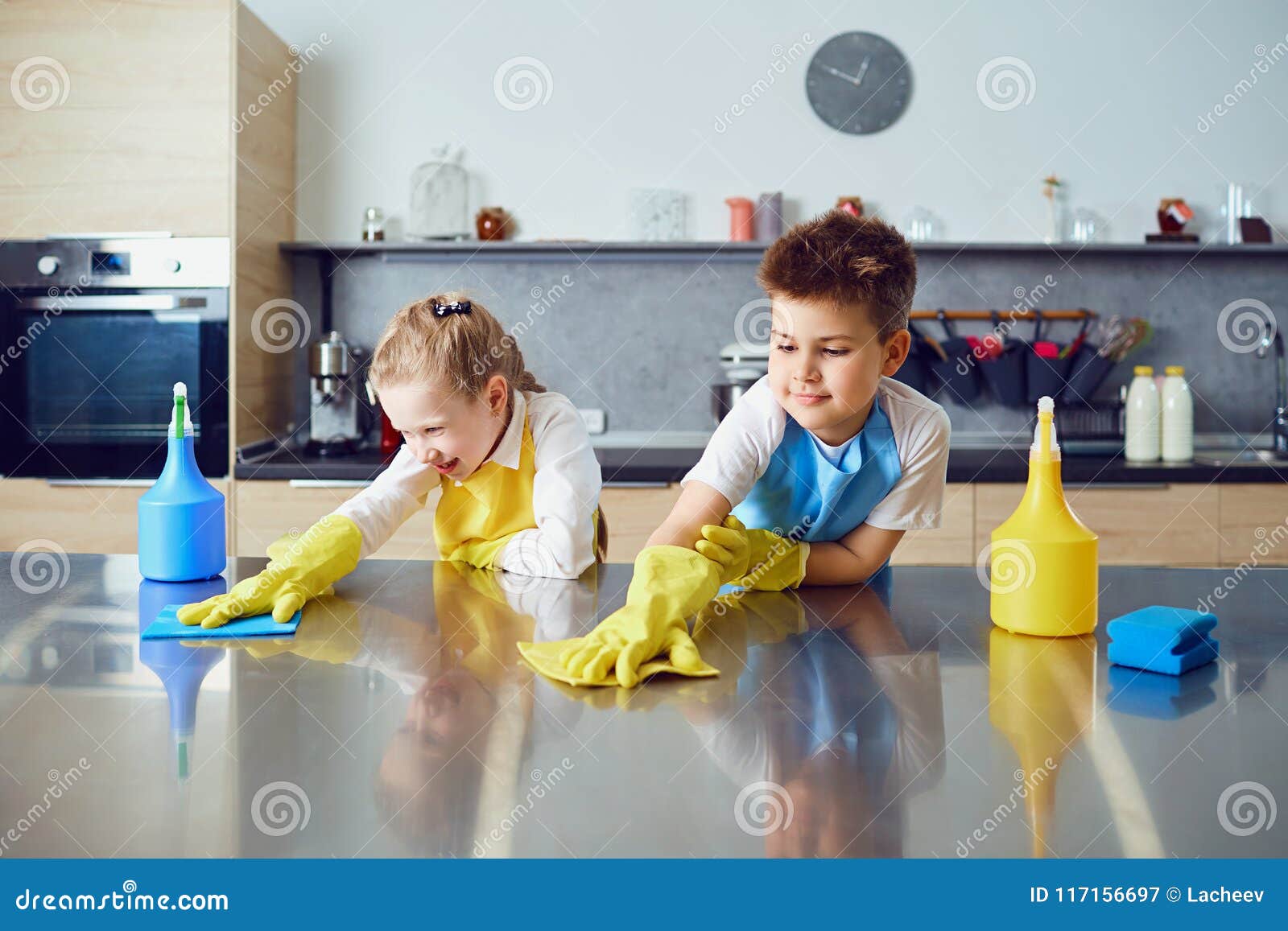 Smiling Children Do the Cleaning in the Kitchen Stock Image - Image of ...