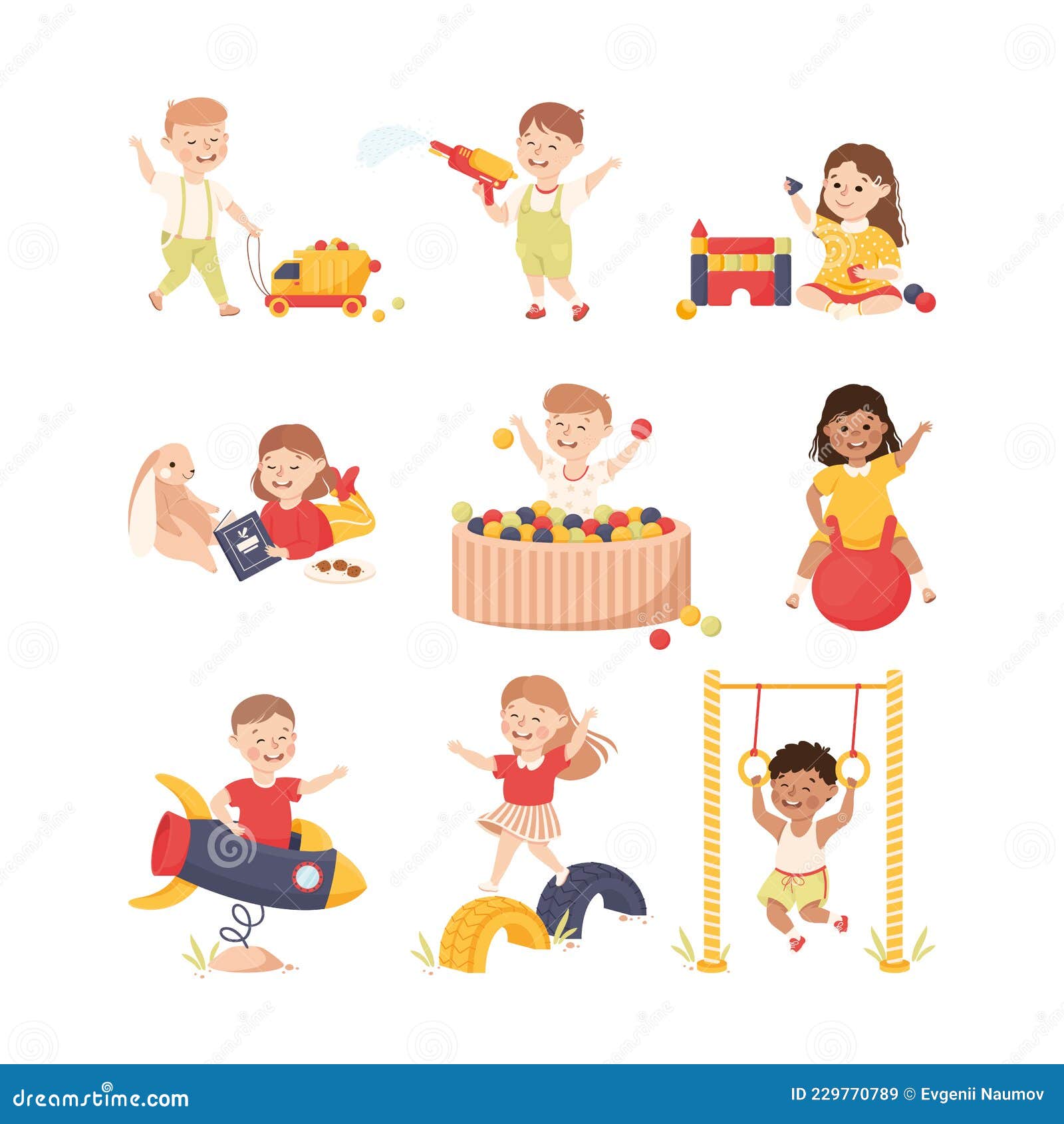 Smiling Children Playing and Having Fun Bouncing on Ball and Pulling ...