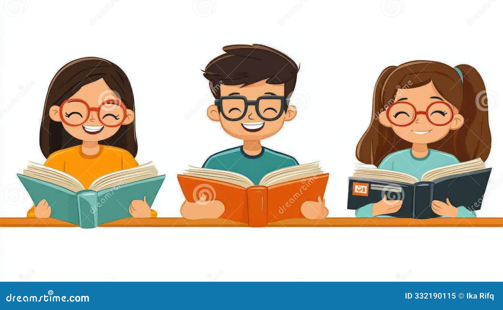 Smiling Children Reading Books Illustration Stock Illustration ...