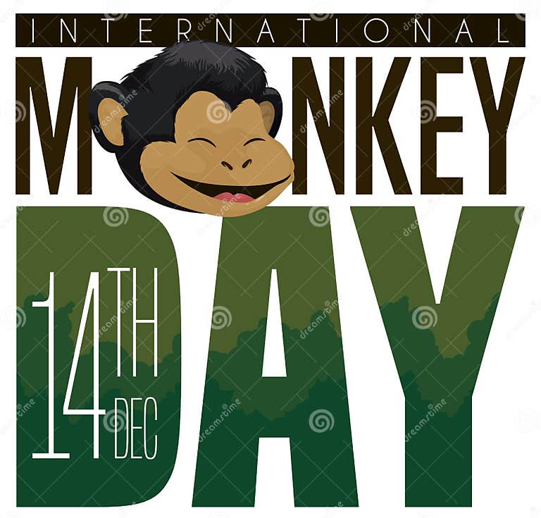 Smiling Chimp Face Celebrating Monkey Day with Forest in Text, Vector ...