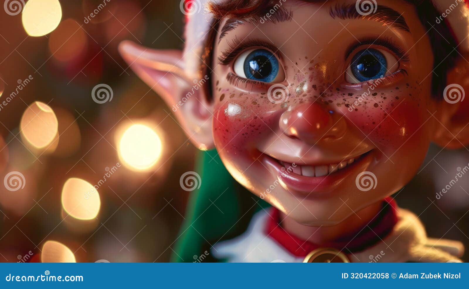 Smiling Christmas Elf with Big Blue Eyes and Freckles Stock ...