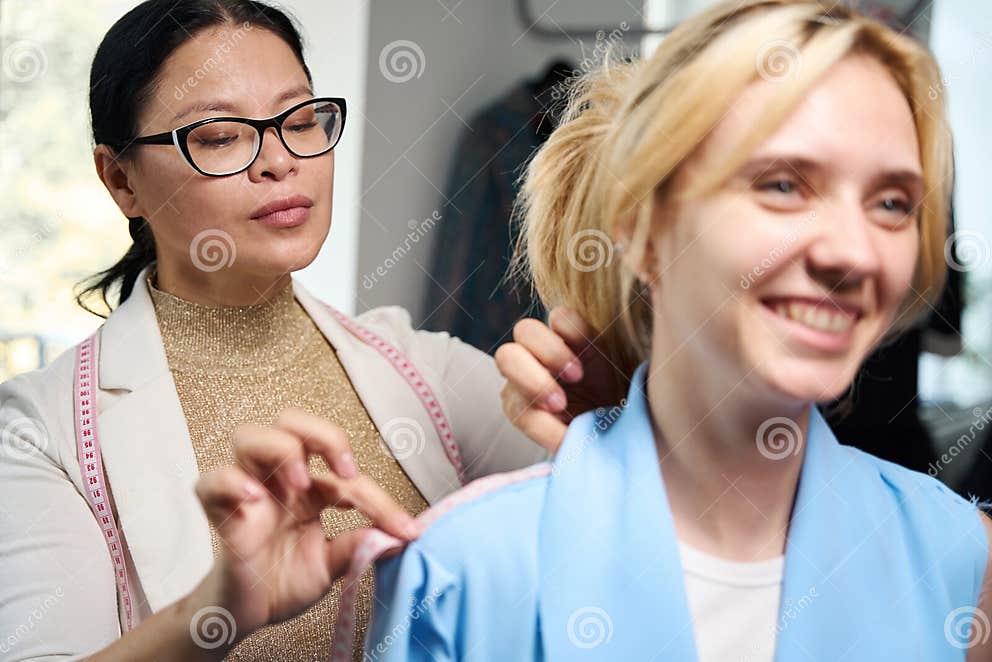 Smiling Client at Fitting in Sewing Studio Stock Photo - Image of salon ...
