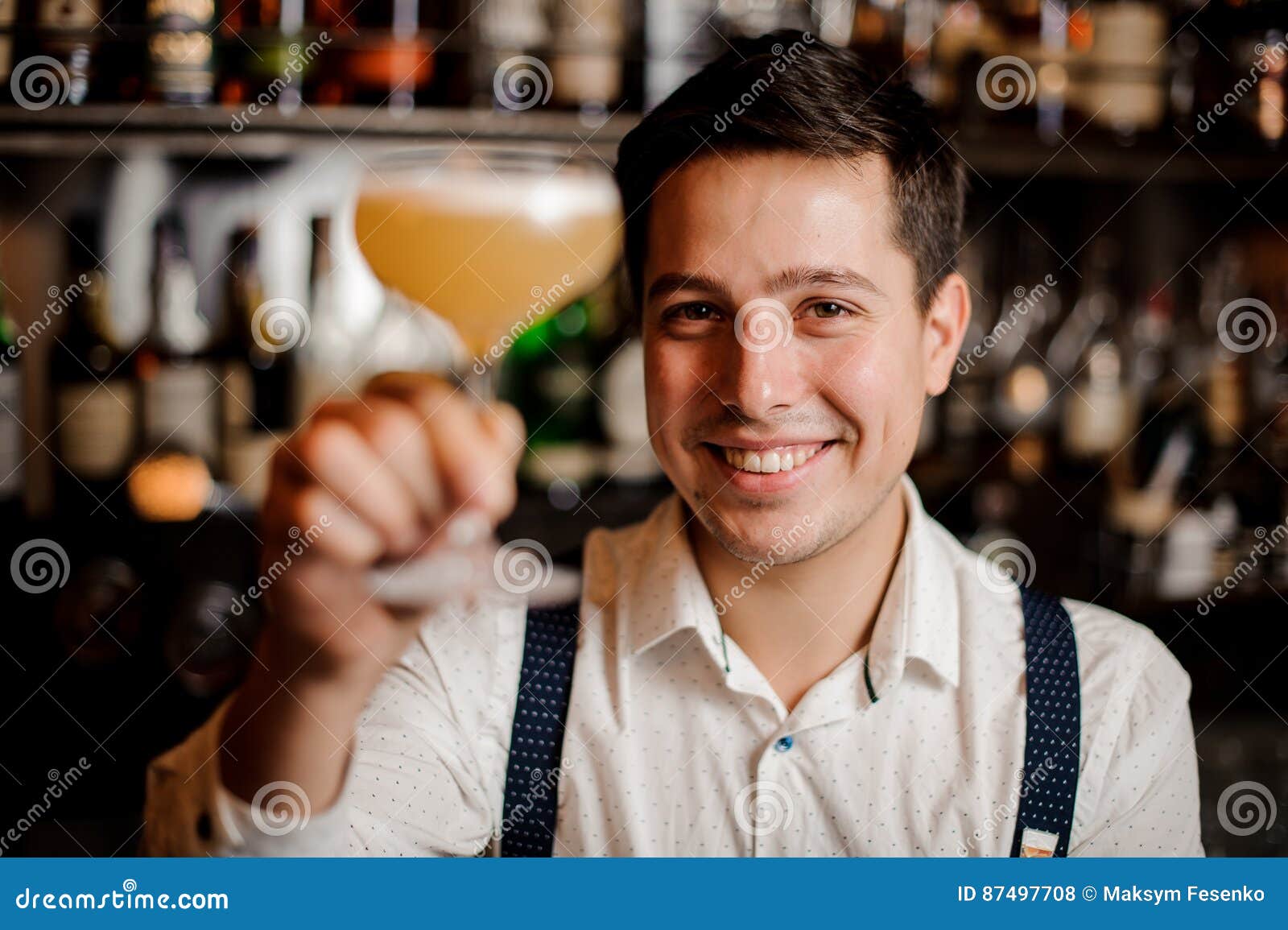Smiling Close Up Barman with Coctail Stock Photo - Image of color ...