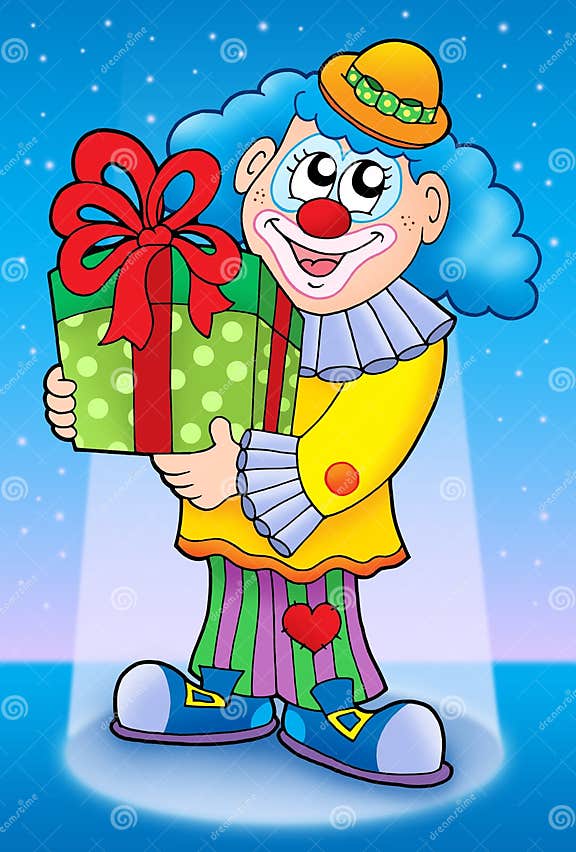 Smiling clown with gift stock illustration. Illustration of artwork ...