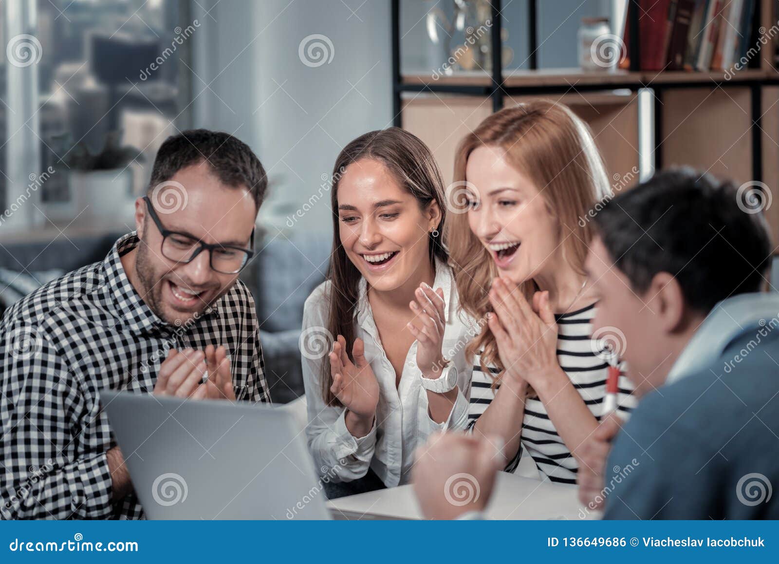 Smiling Co-workers Working on a Project Stock Photo - Image of gadget ...