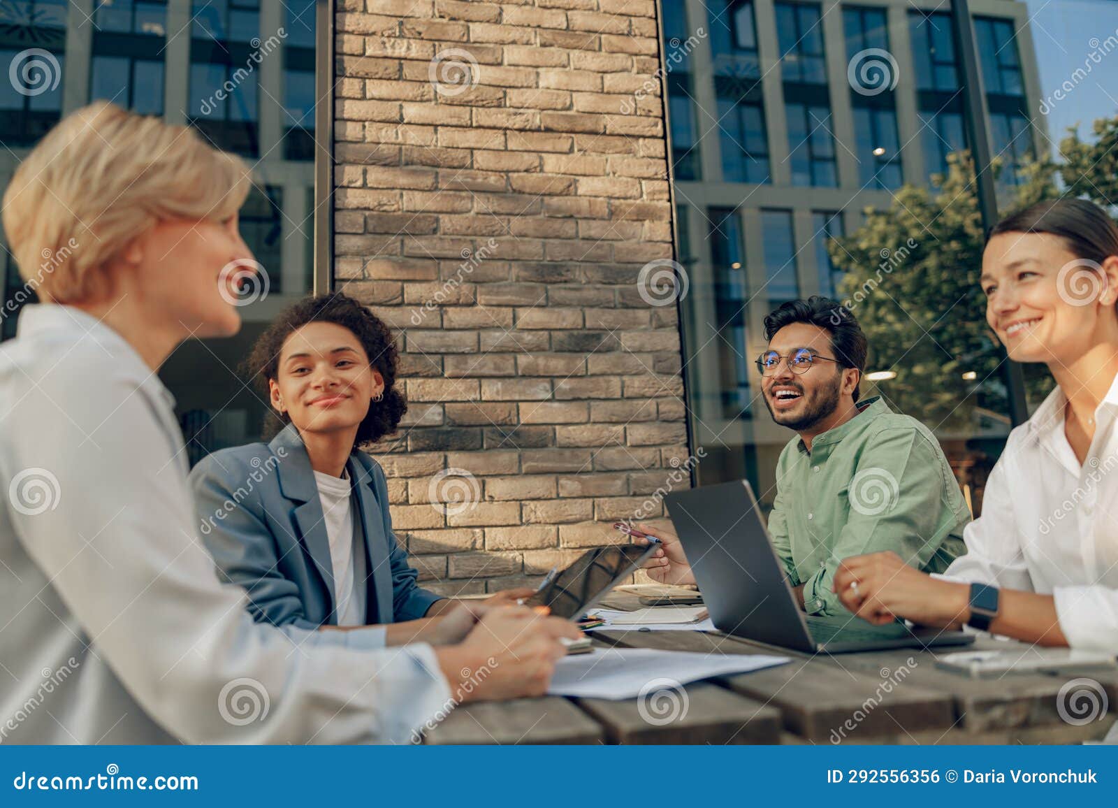 Smiling Colleagues Working Together Developing Business Strategy for ...
