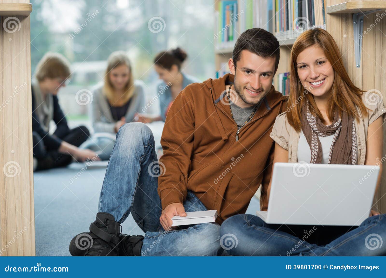 Smiling College Students with Laptop in Library Stock Photo - Image of ...