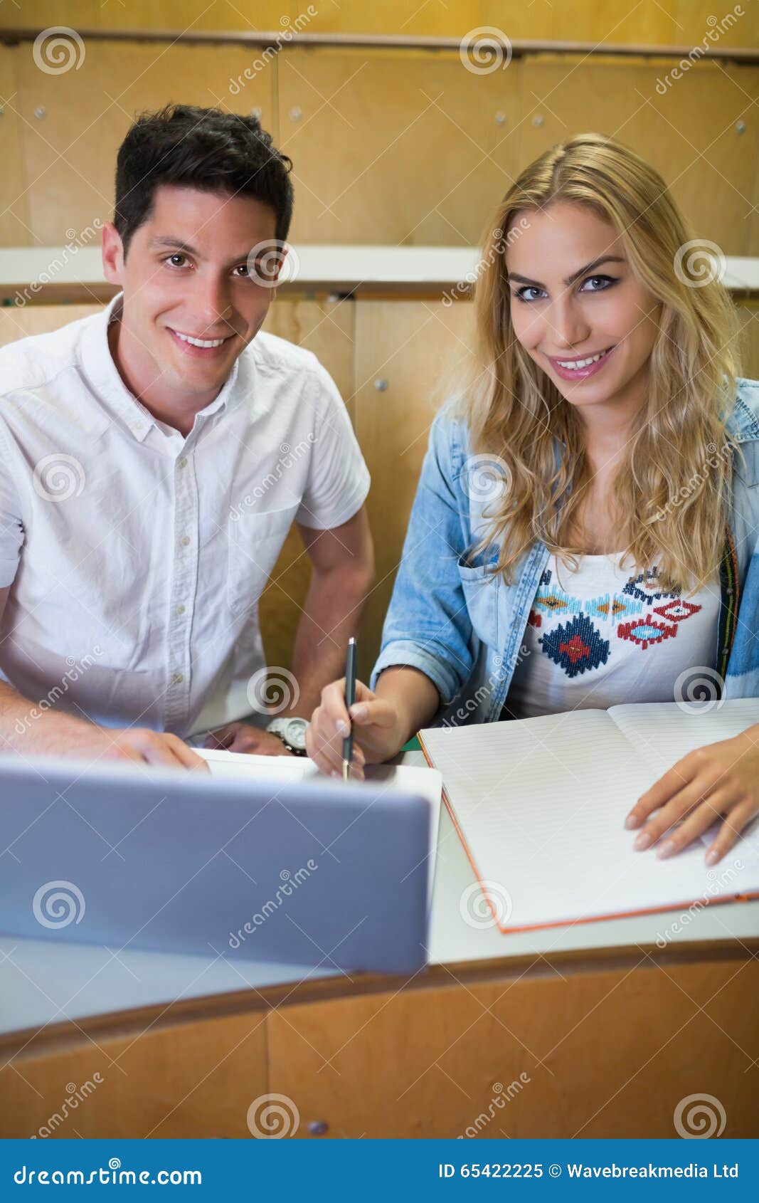 Smiling College Students Using Laptop Stock Image - Image of caucasian ...