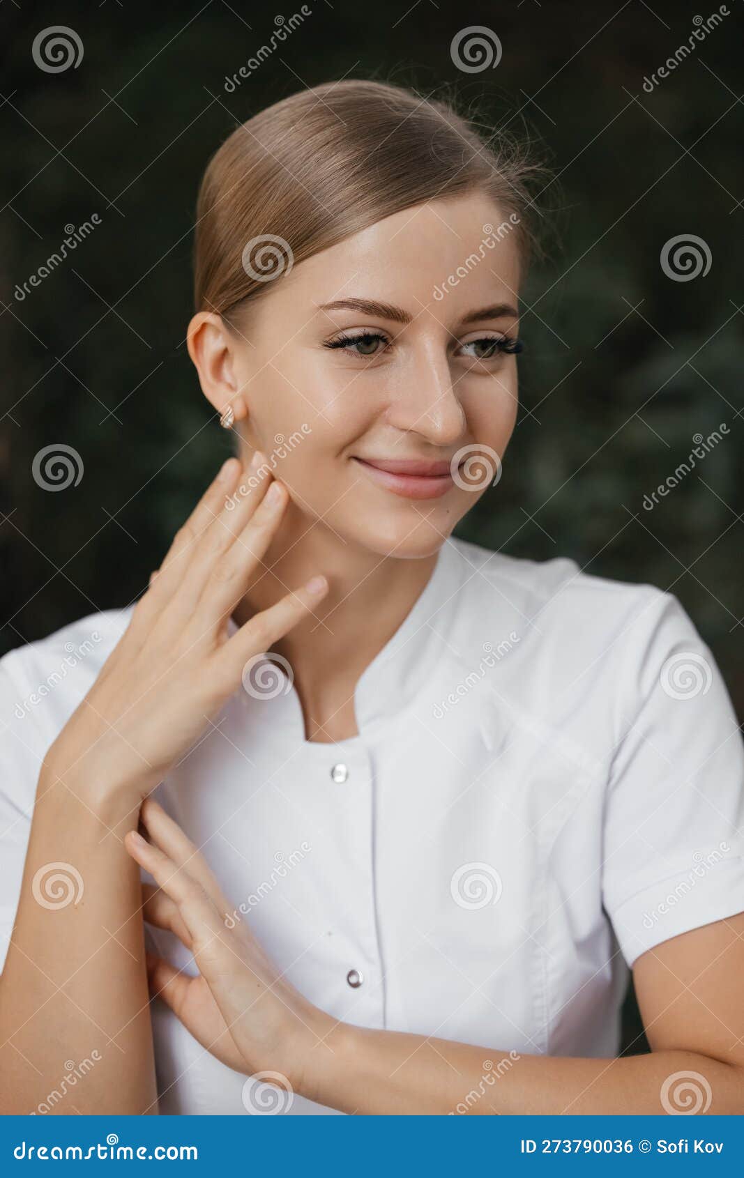 Smiling Confident Female Doctor with Lab Coat on Standing. Practician ... Smiling Confident Female Doctor with Lab Coat on Standing. Practician ...