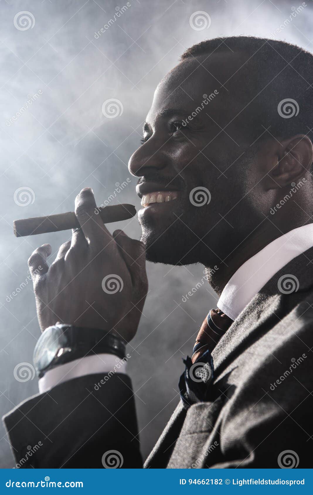 Smiling Confident Man Smoking Cigar Indoors Stock Photo - Image of ...