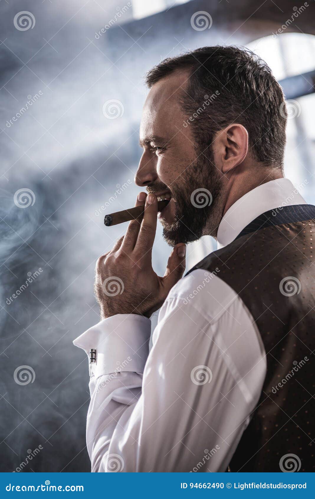 Smiling Confident Man Smoking Cigar Indoors Stock Photo - Image of ...