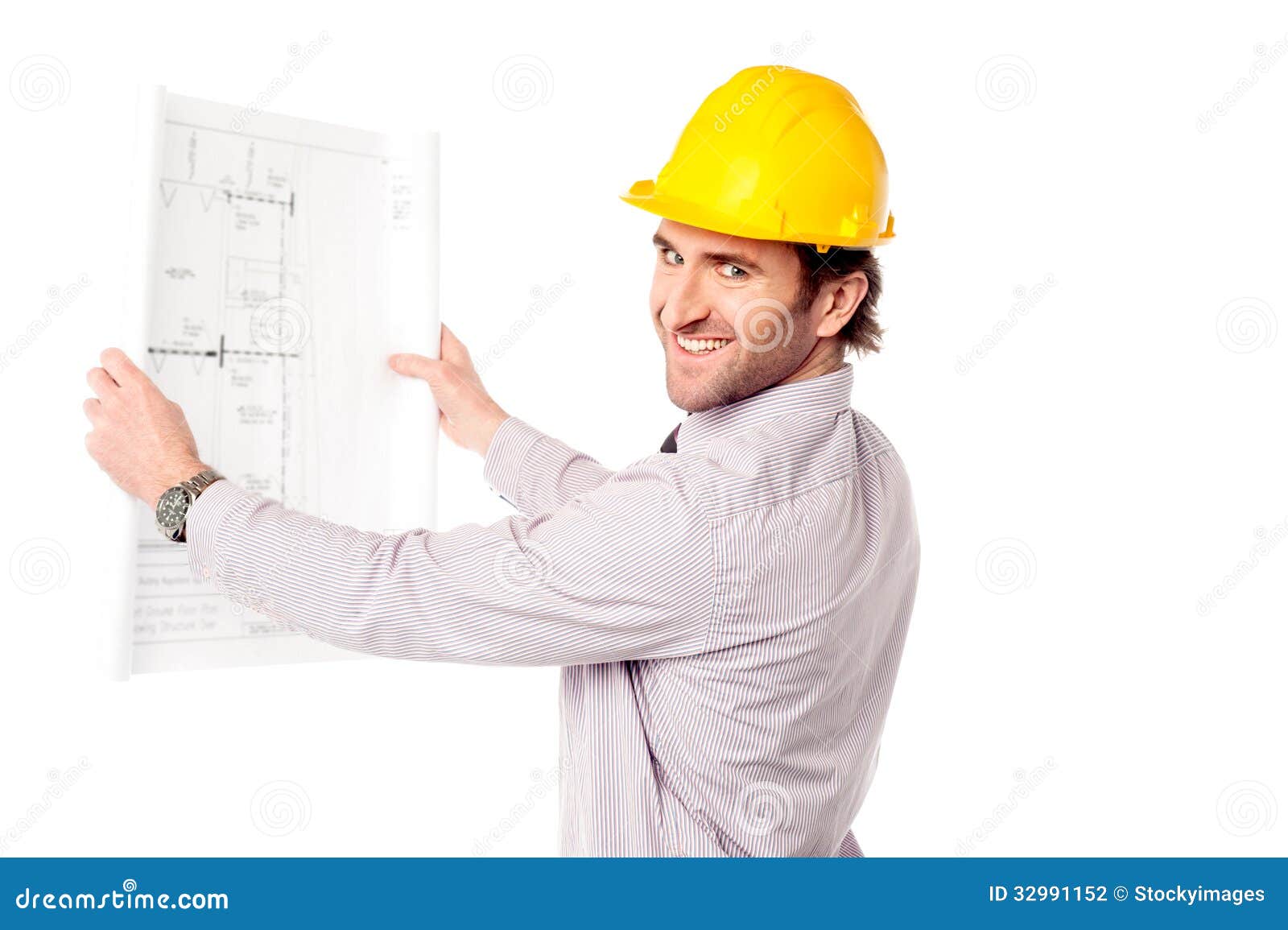 Smiling Construction Engineer Reviewing Blueprint Stock Photo - Image ...