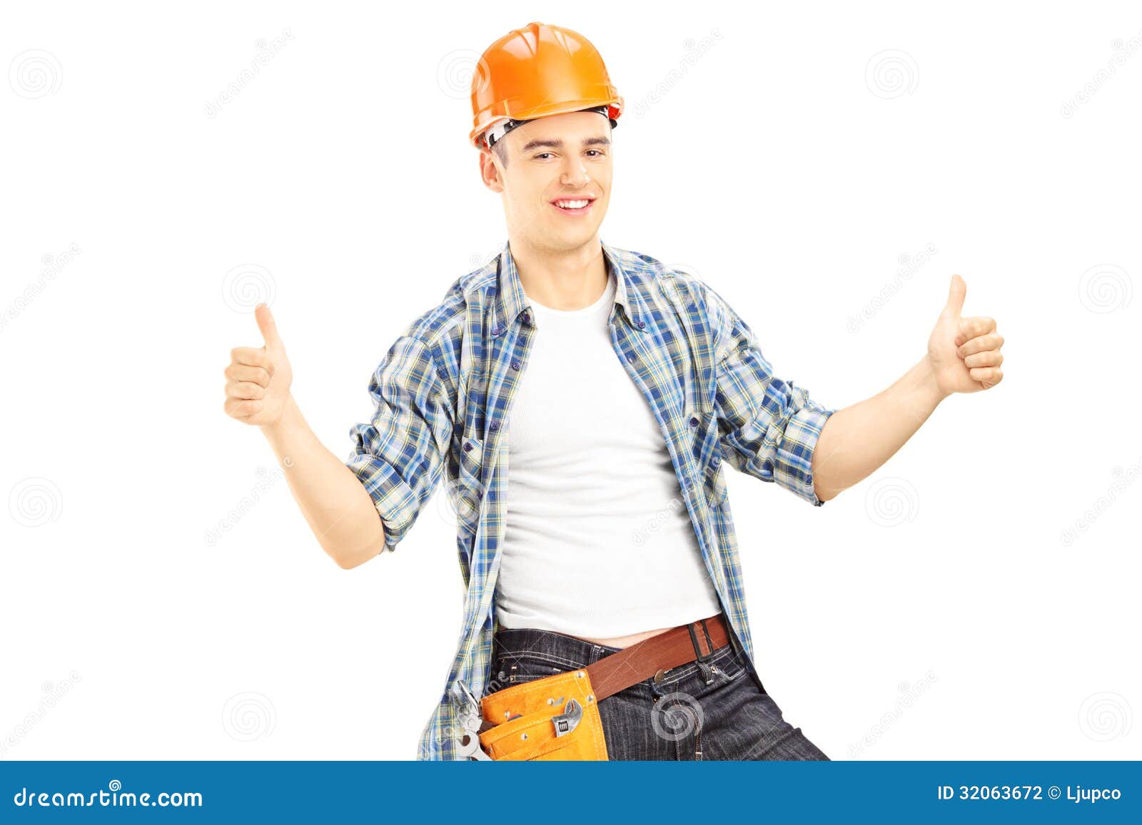 Smiling Construction Worker with Helmet Giving Thumbs Up Stock Photo ...