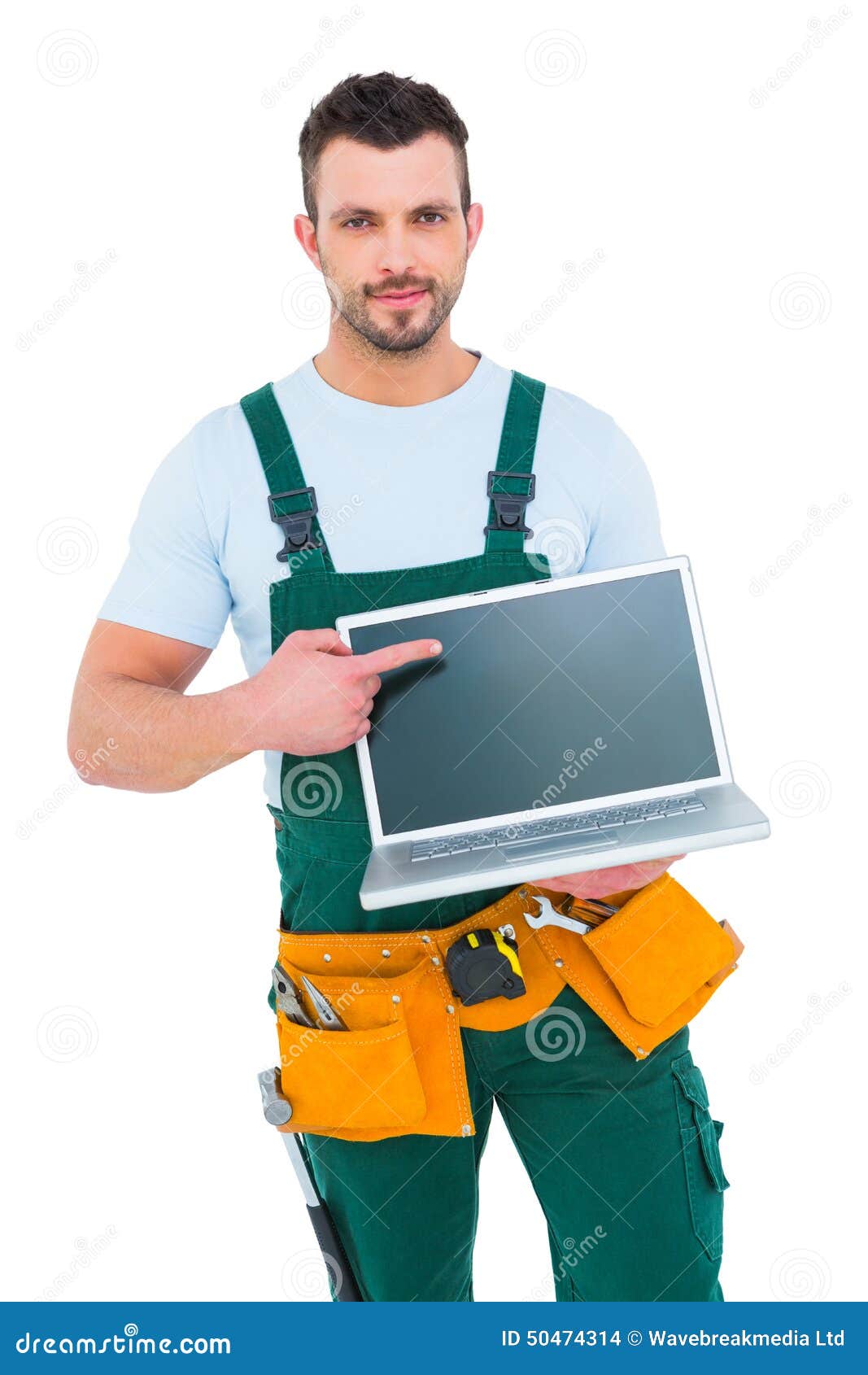Smiling Construction Worker Holding Laptop Stock Photo - Image of ...