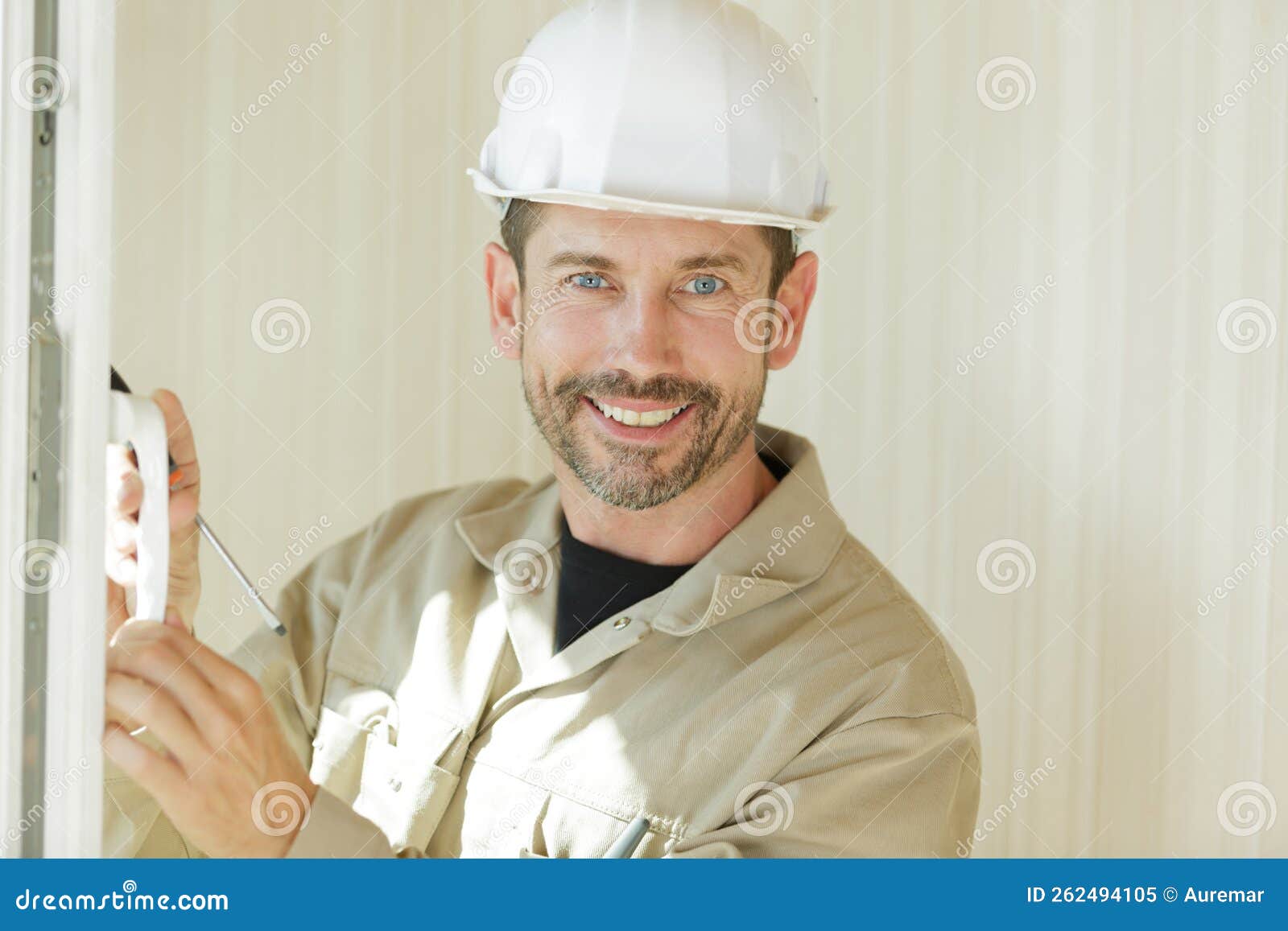 Smiling Construction Worker Stood by Window Stock Image - Image of ...