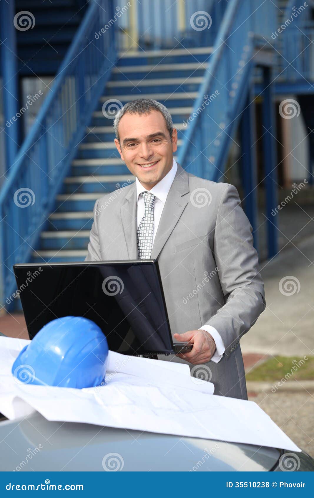 Smiling Contractor Standing Outdoors Stock Photo - Image of designer ...
