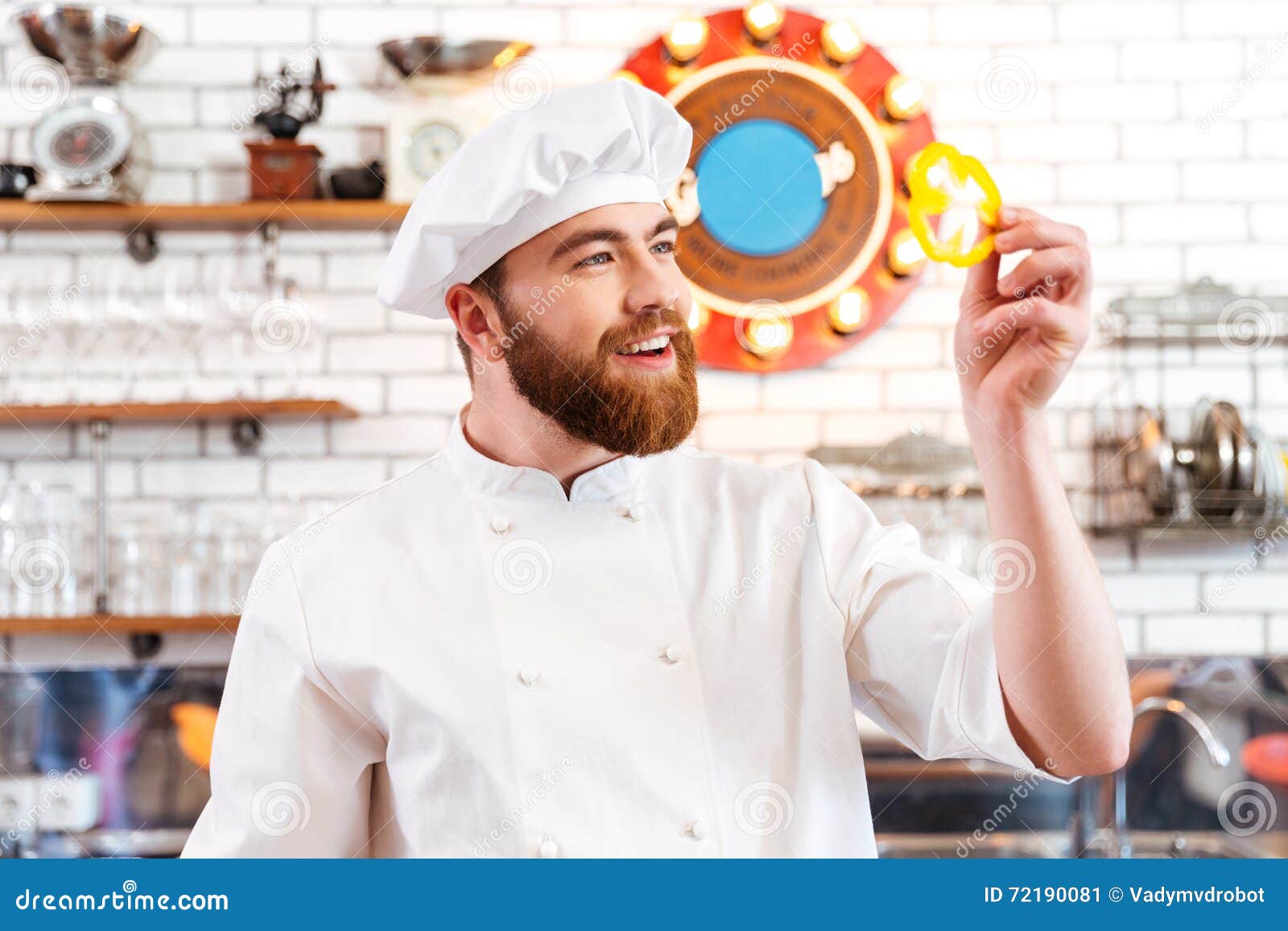 Smiling Cook Cheif Holding Slice of Yellow Bell Pepper Stock Image ...