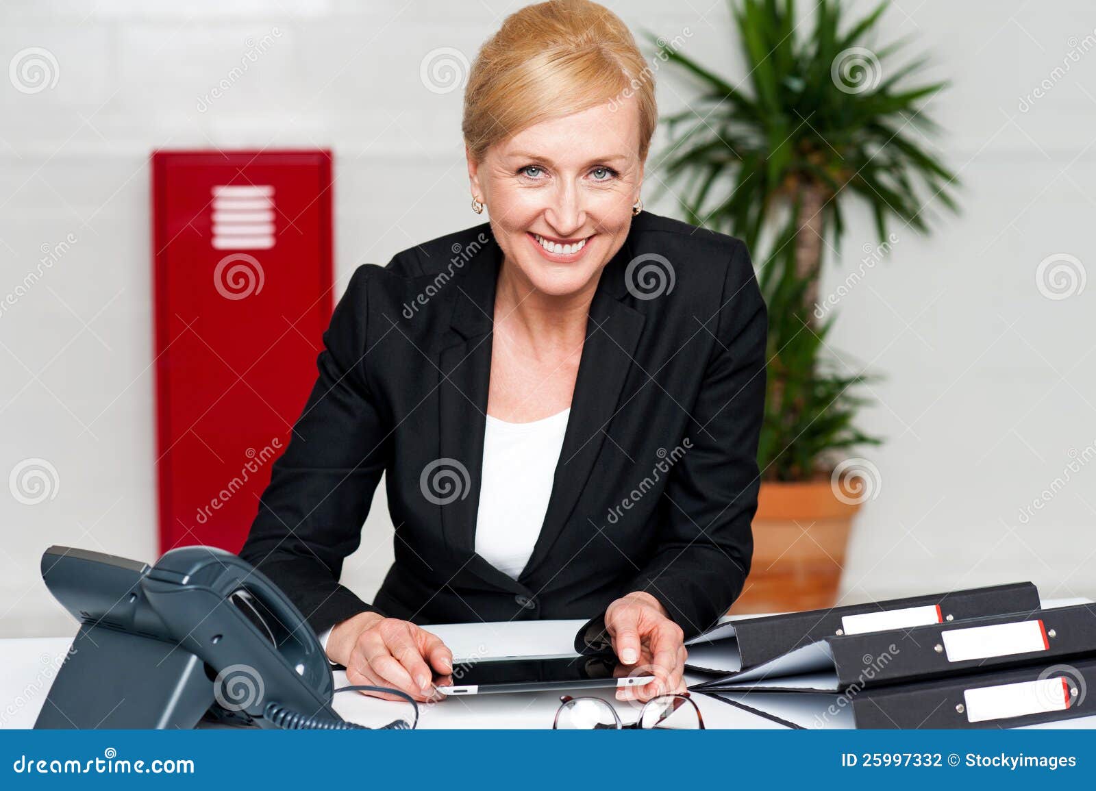 Smiling Corporate Lady Holding Wireless Tablet Stock Photo - Image of ...