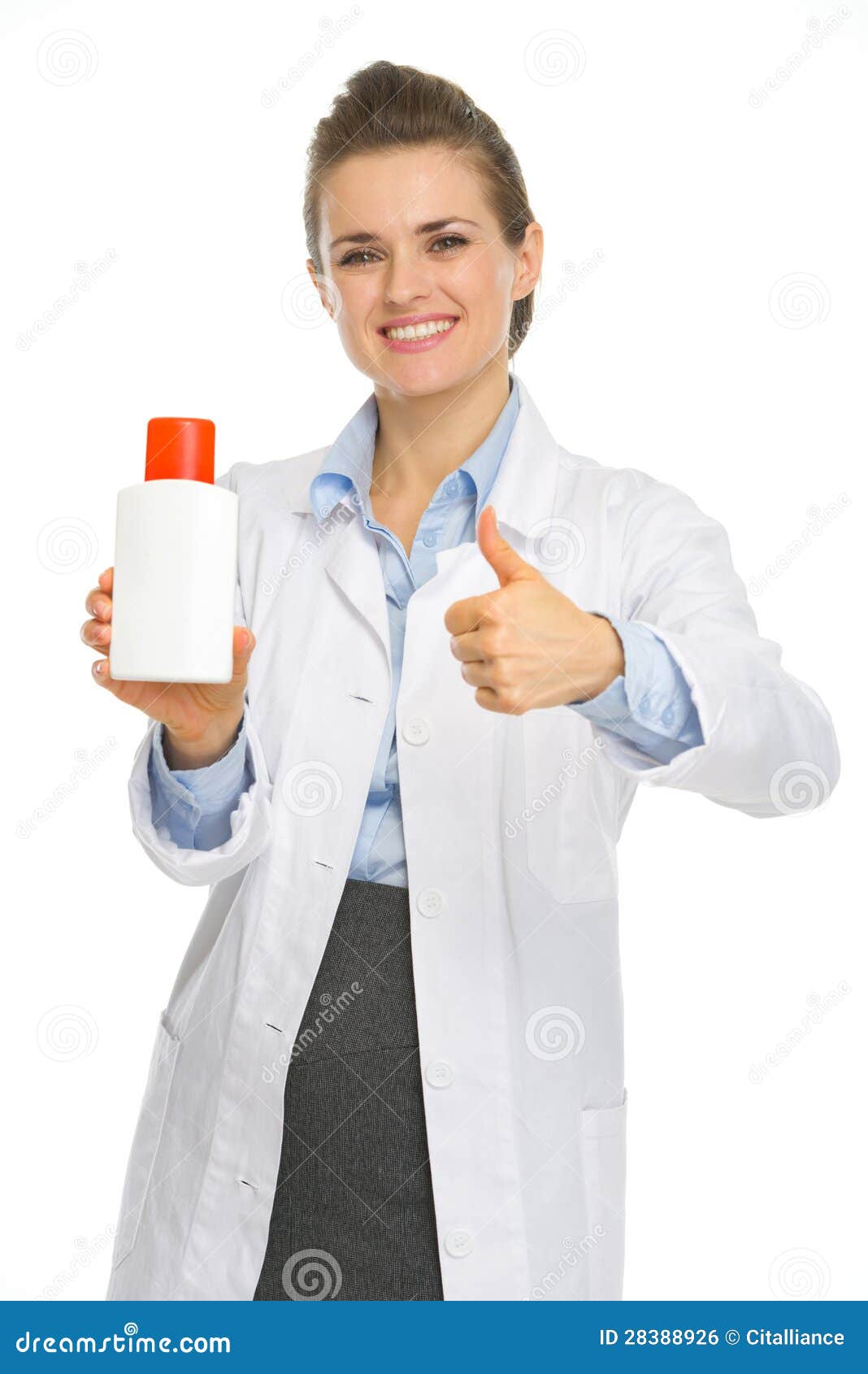 Smiling Cosmetologist with Bottle of Sunscreen Stock Photo - Image of ...