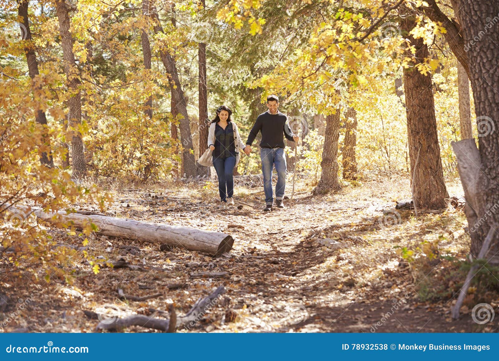 Smiling Couple Hike in Forest Holding Hands in the Distance Stock Photo ...