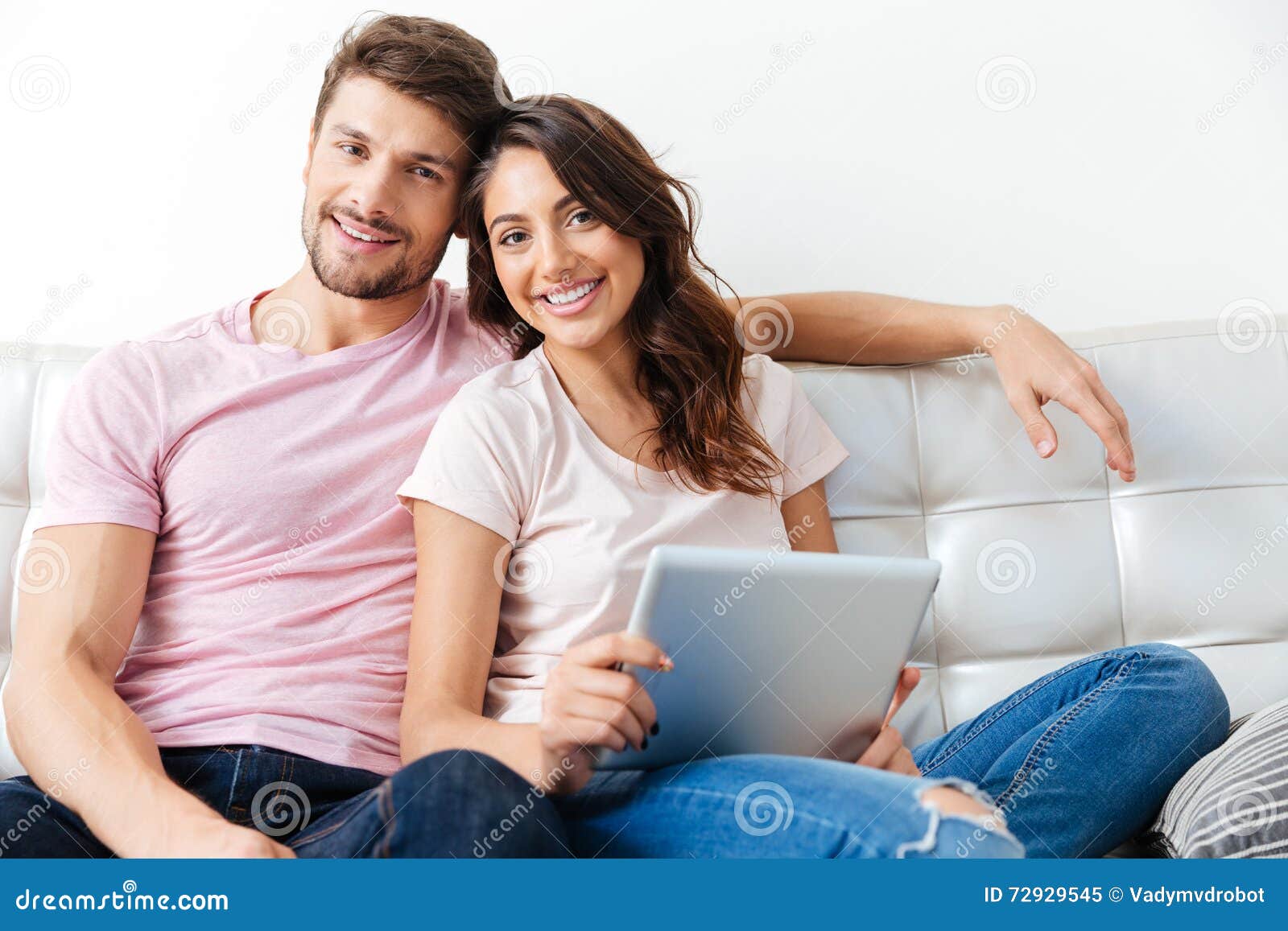 Smiling Couple with Pc Tablet Over White Background Stock Image - Image ...