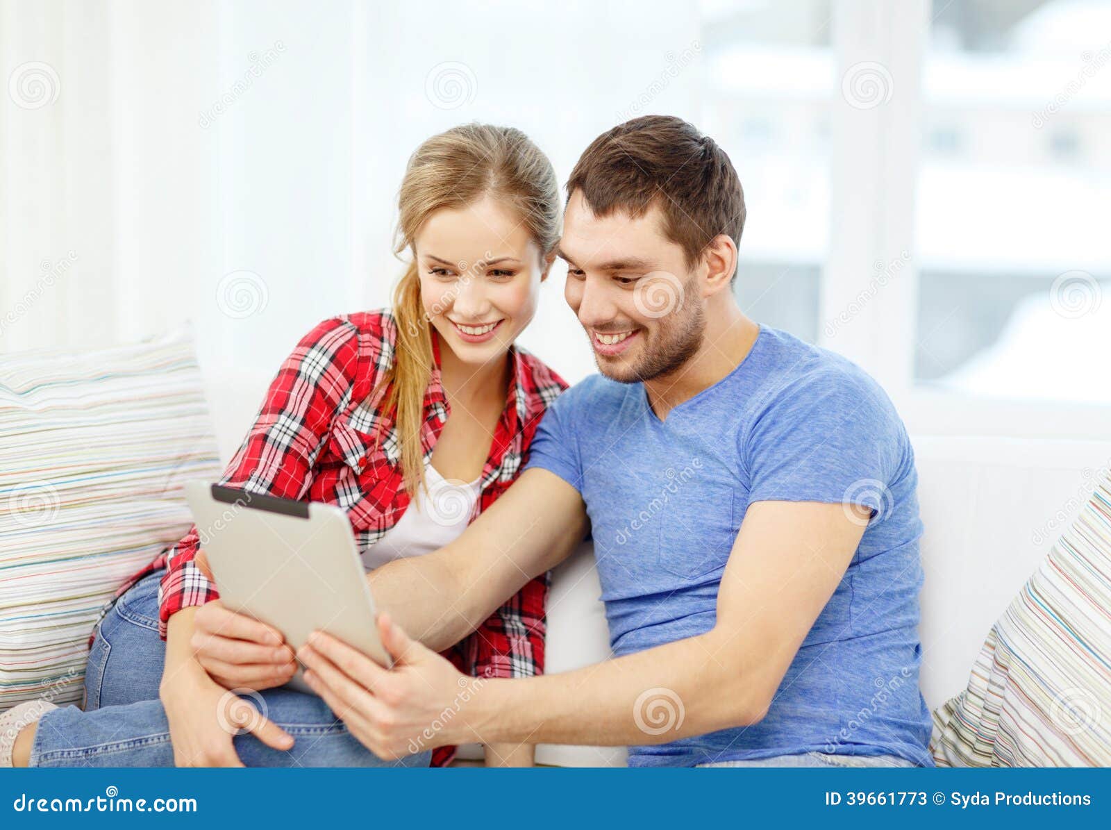 Smiling Couple with Tablet Pc Computer at Home Stock Image - Image of ...