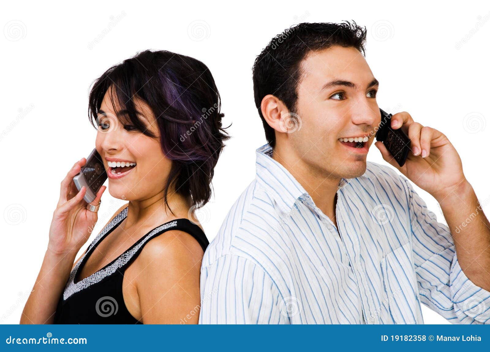 Smiling Couple Talking on Mobiles Stock Photo - Image of girlfriend ...