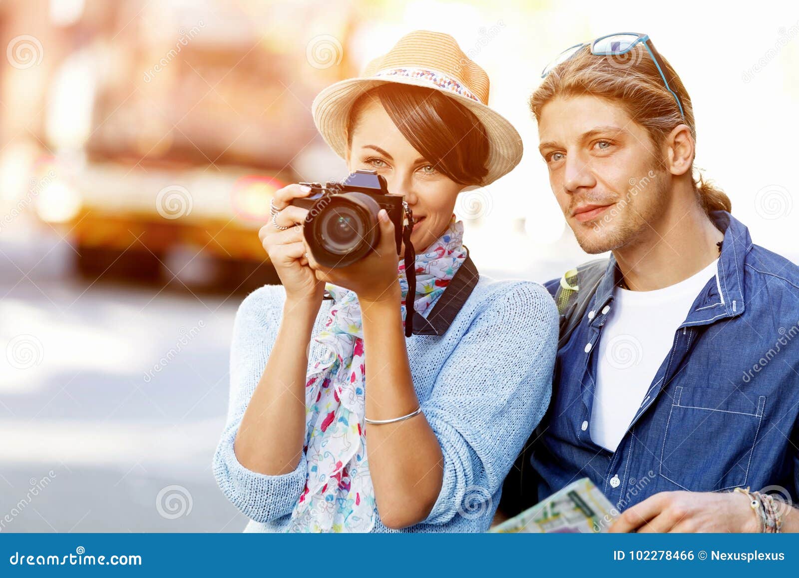 Smiling Couple with the Camera Stock Photo - Image of couple, city ...