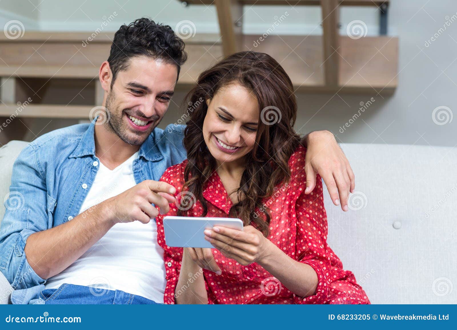 Smiling Couple Using Smartphone Stock Image - Image of communication ...