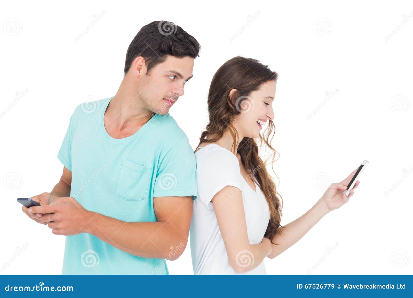 Smiling Couple Using Their Smartphones Back To Back Stock Image - Image ...