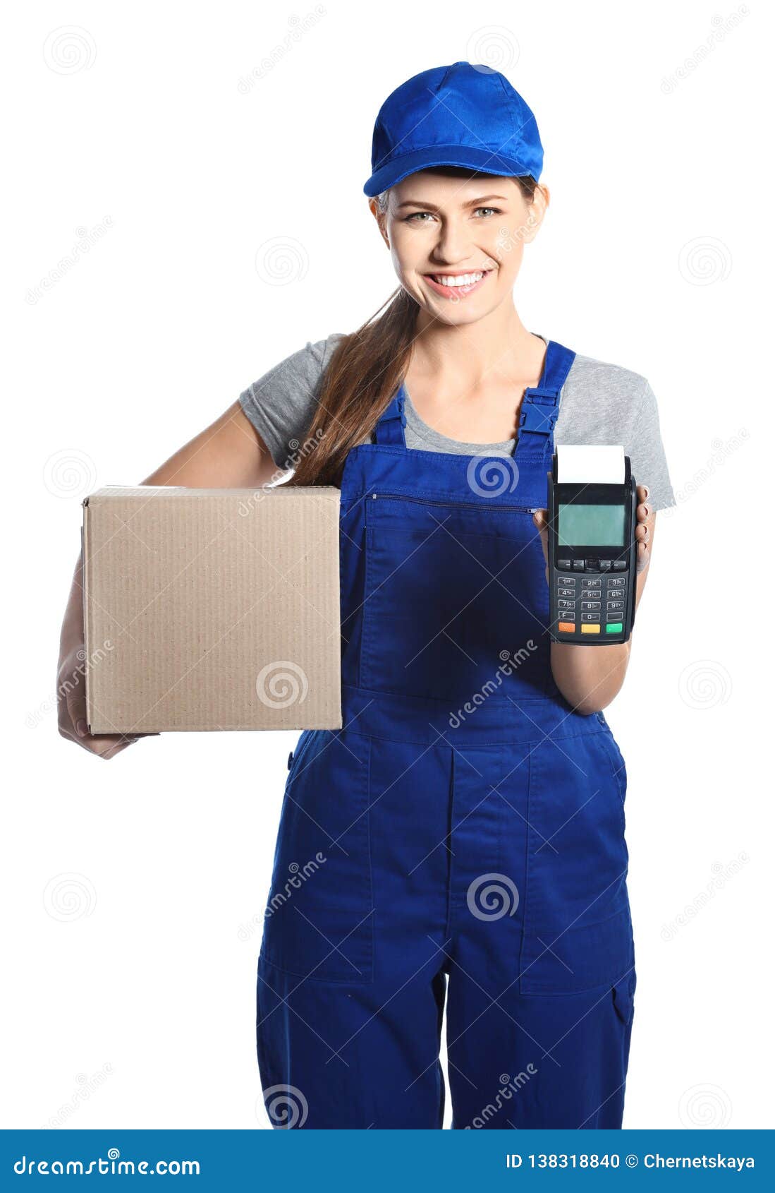 Smiling Courier with Payment Terminal and Parcel Stock Photo - Image of ...