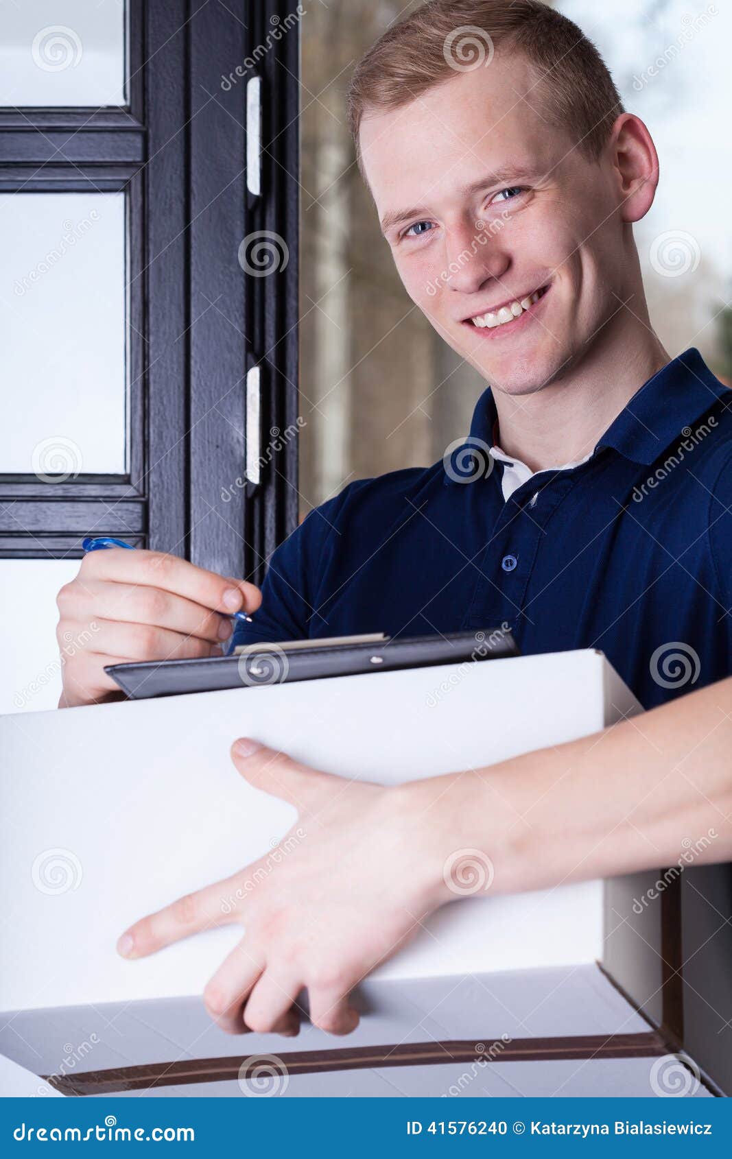 Smiling Courier Sign Documents Stock Photo - Image of bring, sign: 41576240