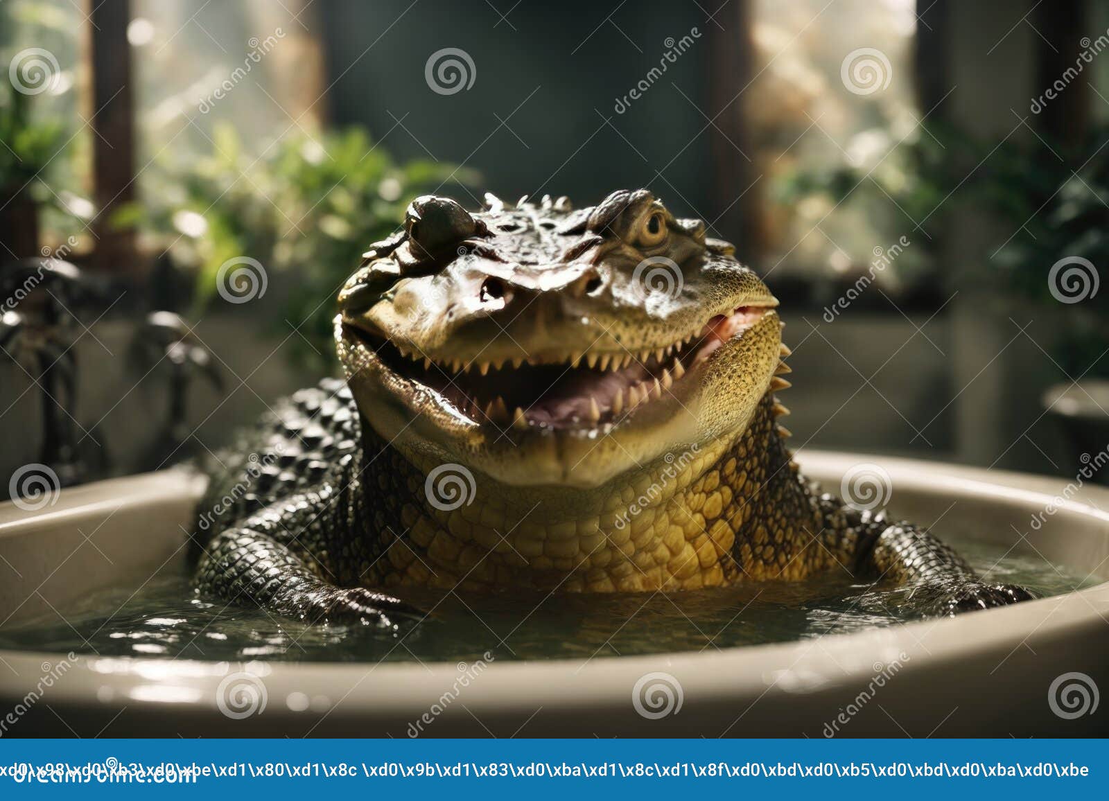Smiling Crocodile Lies in the Bath. Ai Generative Stock Image - Image ...