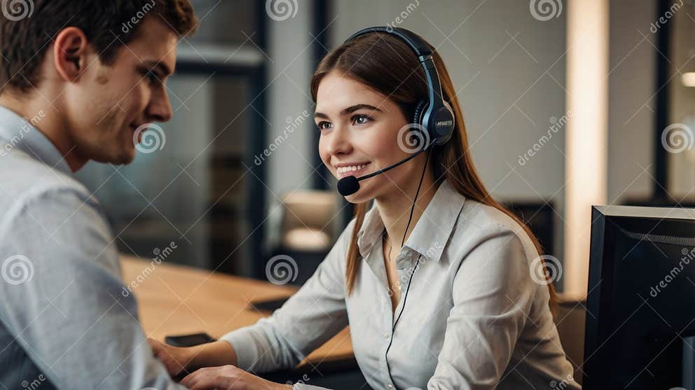 Smiling Customer Service Representative Working on Computer with ...