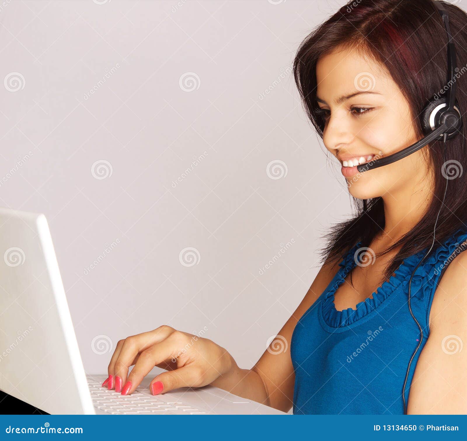 Smiling Customer Service Woman Stock Photo - Image of brunette, hair ...