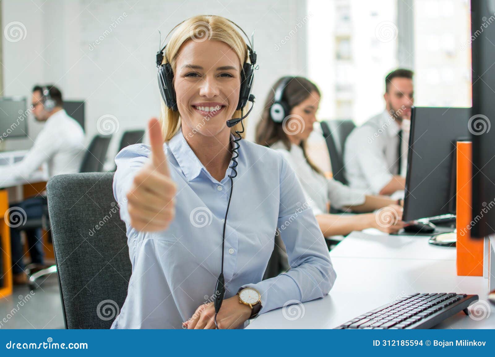 Smiling Customer Support Agent Woman Showing Thumb Up in Call Centre ...