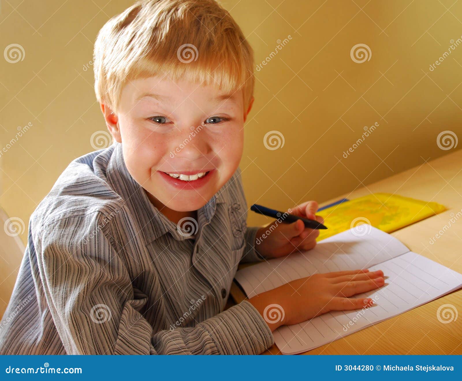 Smiling cute boy writing stock photo. Image of exercise - 3044280