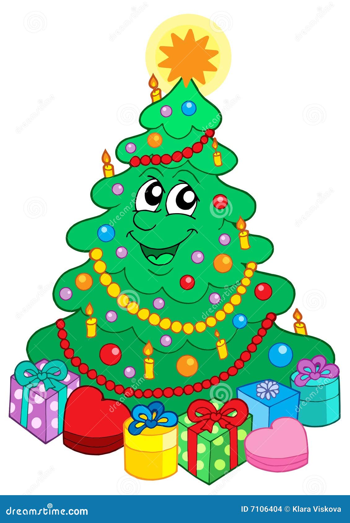 Smiling Cute Christmas Tree with Gift Stock Vector - Illustration of ...