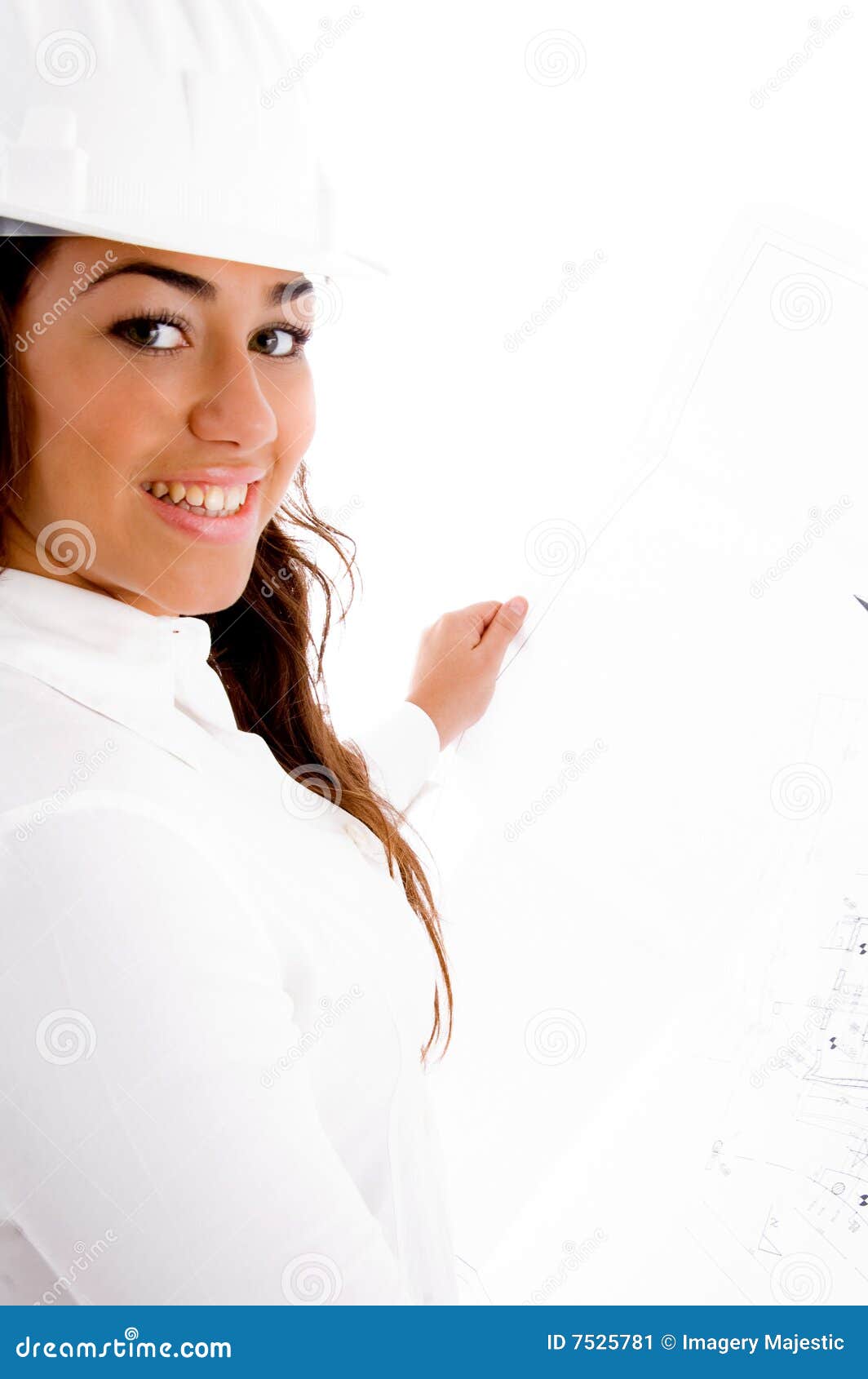 Smiling Cute Female Engineer Holding Blue Prints Stock Image - Image of ...
