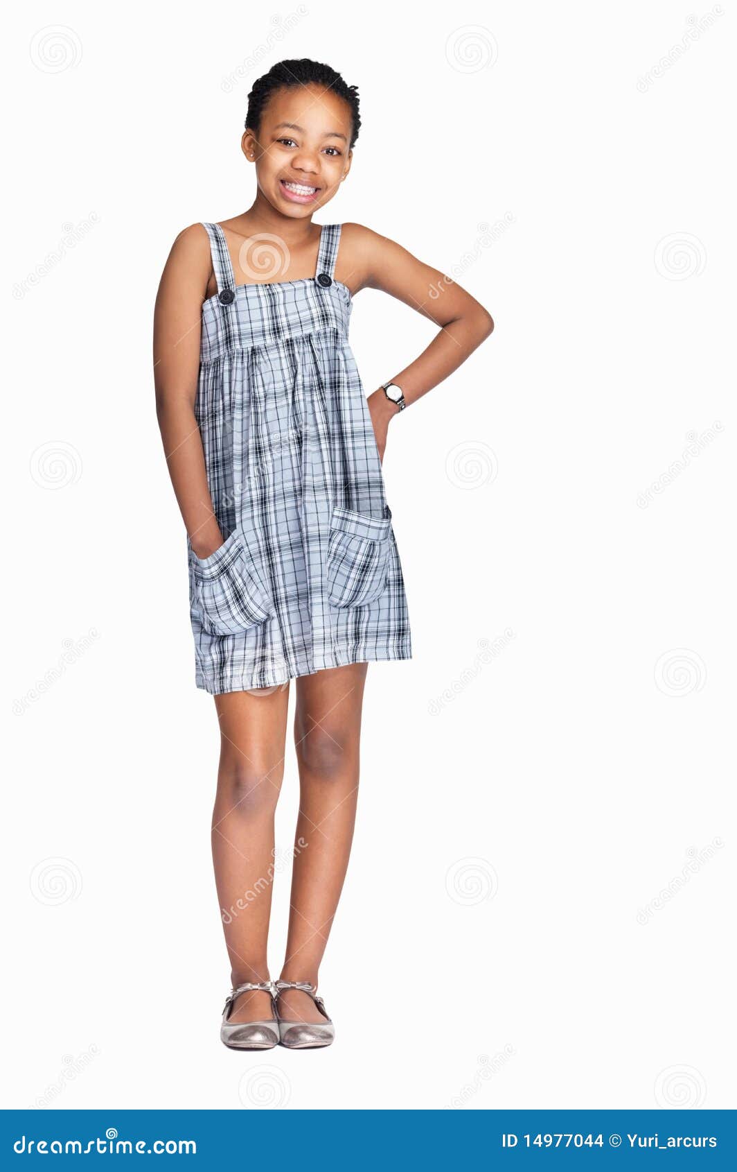 Smiling Cute Girl Standing in a Pose Against White Stock Photo - Image ...