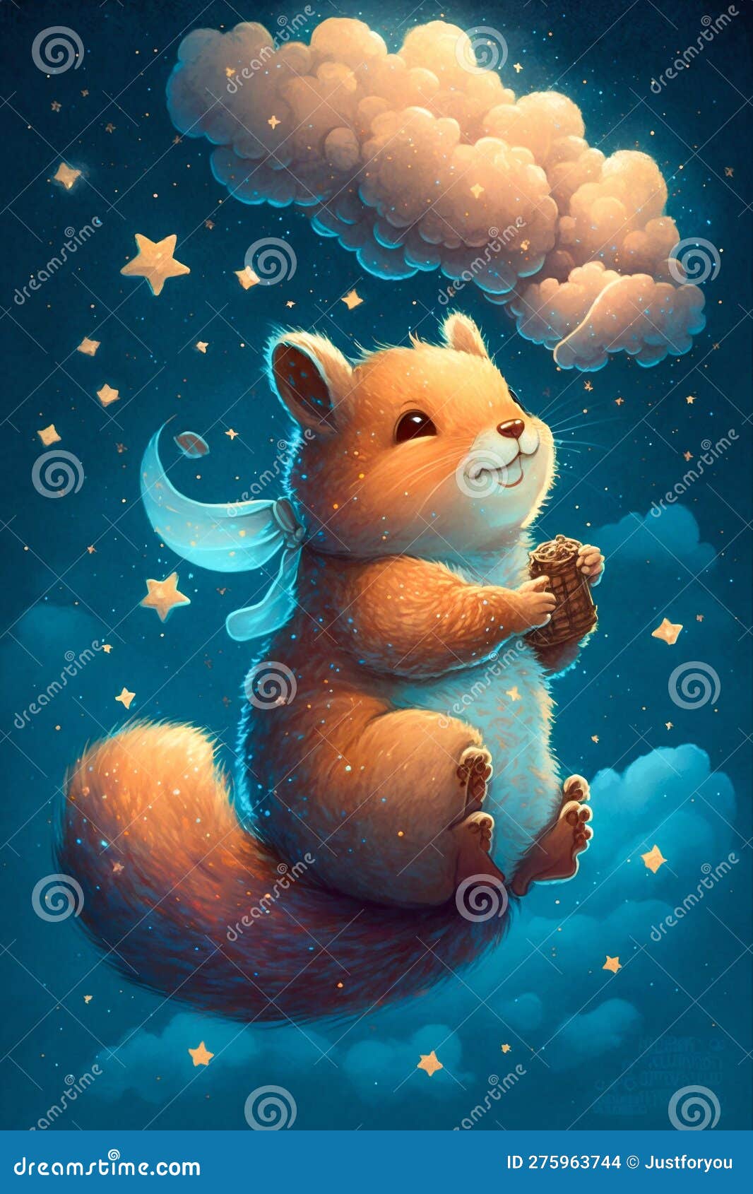 Smiling Cute Squirrel on Cloud with Starry Sky. Generative Ai Stock ...