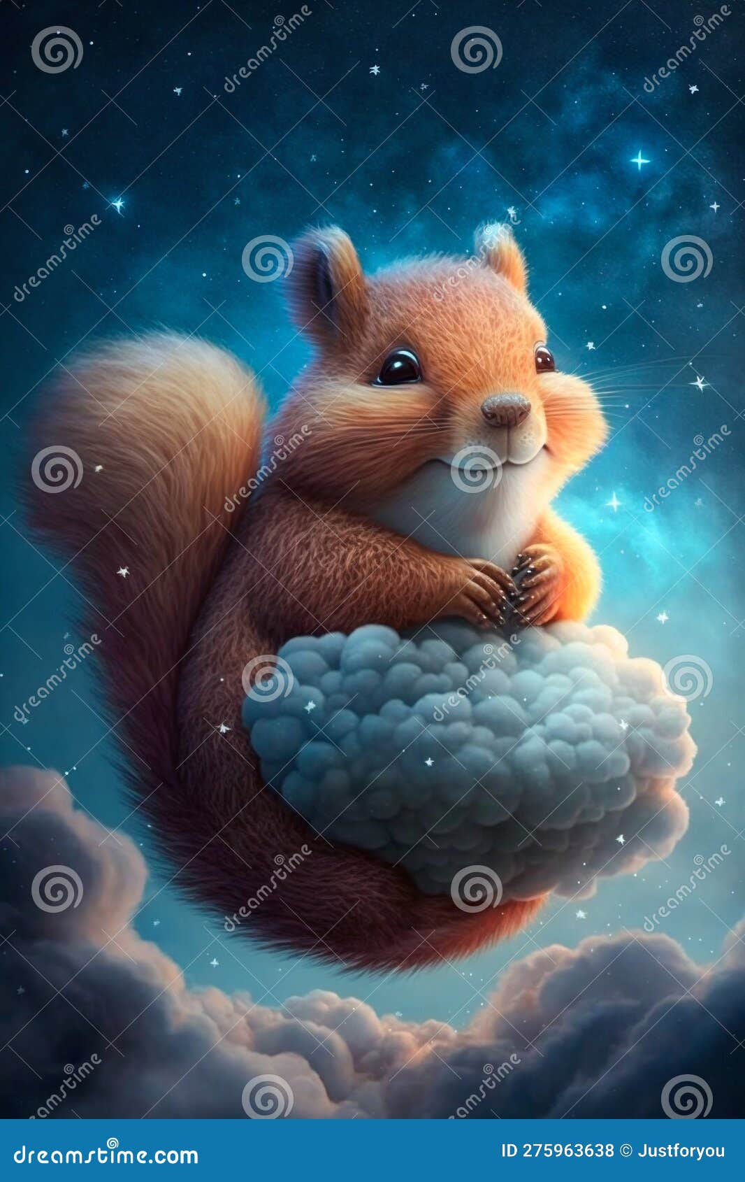 Smiling Cute Squirrel on Cloud with Starry Sky. Generative Ai Stock ...
